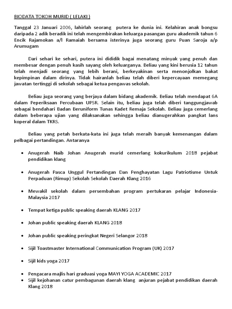 Biodata Tokoh Murid 2018 | PDF