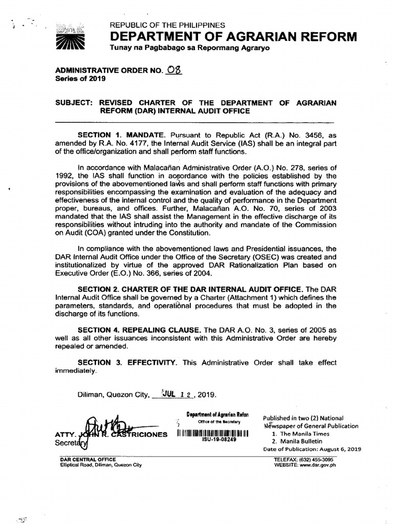 Ao 08 Revised Charter of the Department of Agrarian Reform Dar Internal ...