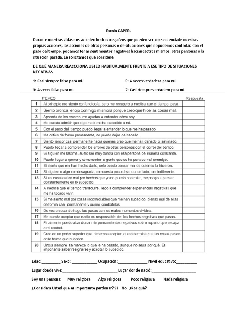 Escala CAPER Escala para Evaluar La Capacidad de Perdonar | PDF