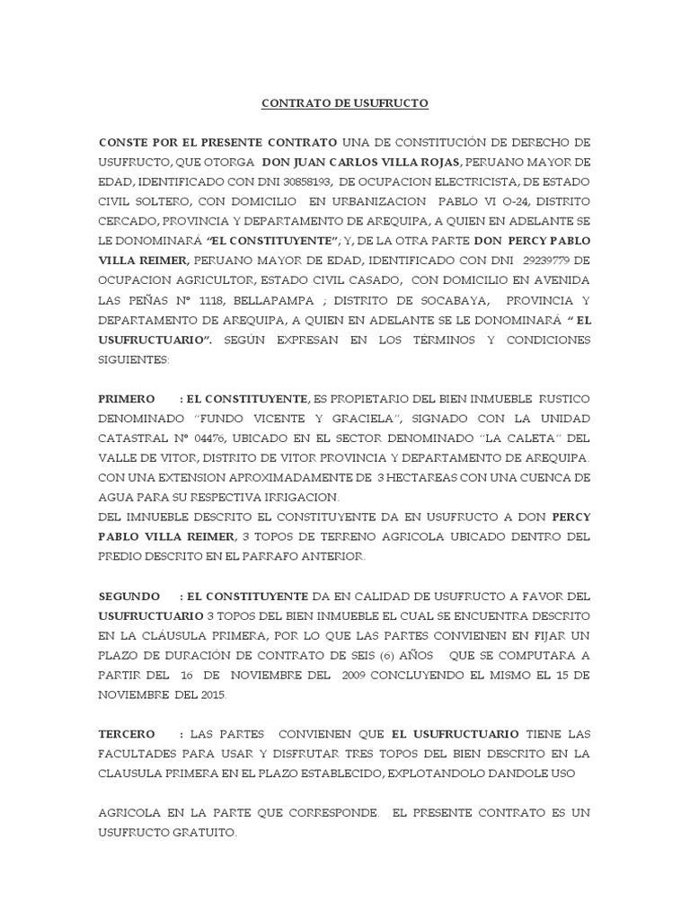 Contrato de Usufructo Gratuito en Perú | PDF | Propiedad | Derecho ...