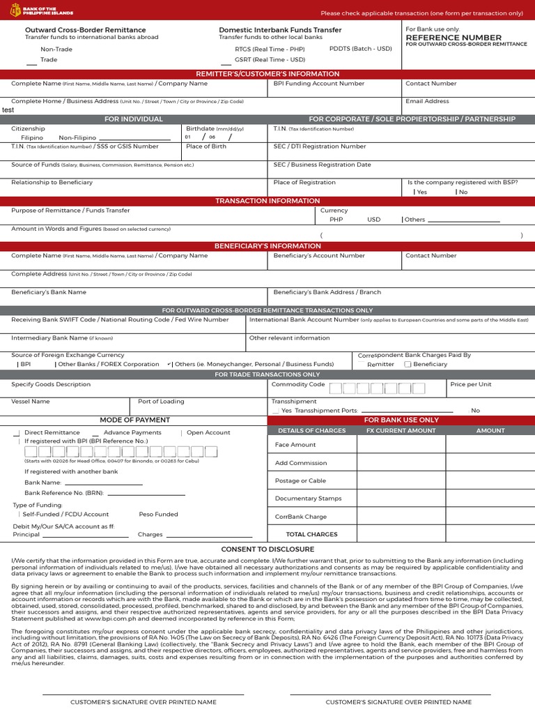 BPI Telegraphic Transfer Form | Download Free PDF | Banks | Foreign ...