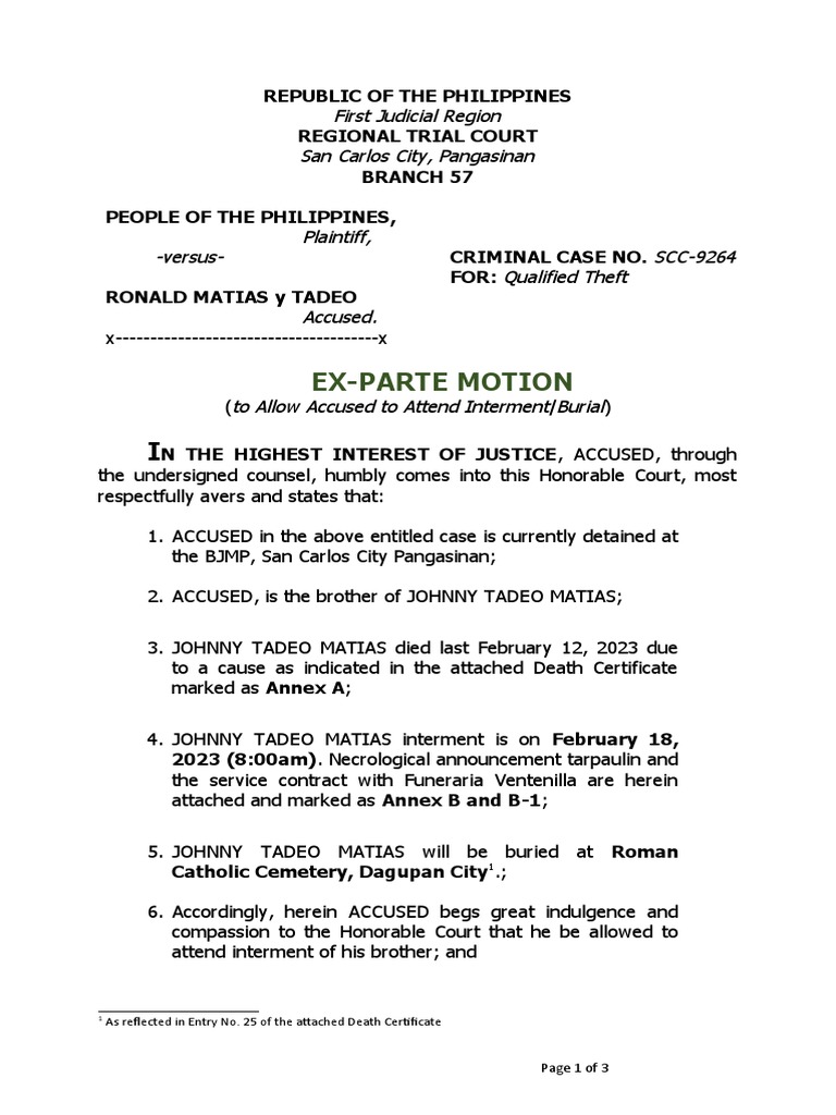 Ex Parte Motion To Allow Ronald Matias | PDF | Political Law ...