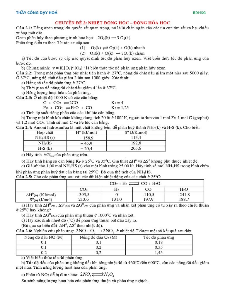 2 Nhiệt động học Động hóa học BDHSG | PDF