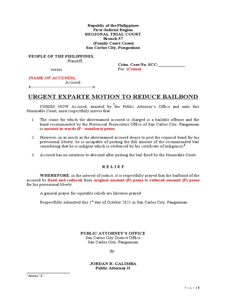 Motion To Reduce Bail Bond HE - Provincial | PDF | Bail | Government ...