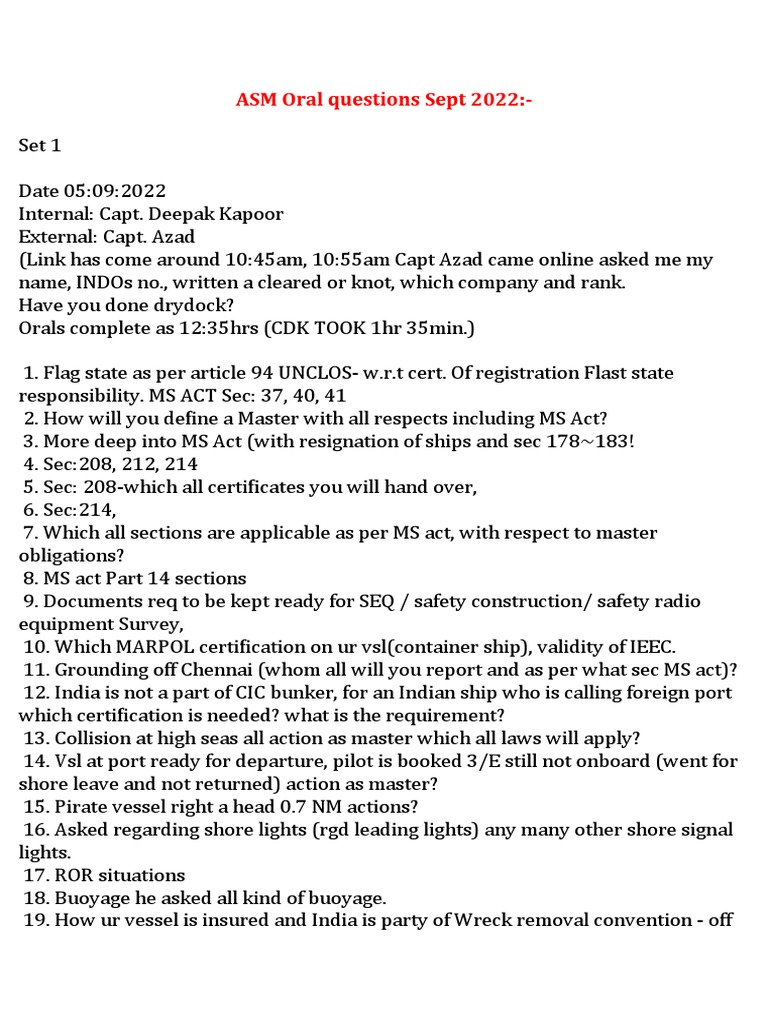 ASM Oral Questions Sept 2022 Till 14 Sept | PDF | Shipwrecks | Ships