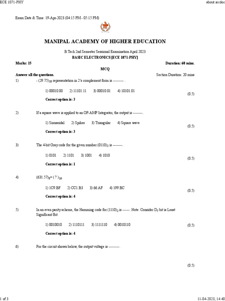B.Tech Basic Electronics Exam April 2023 | PDF | Operational Amplifier | Amplifier