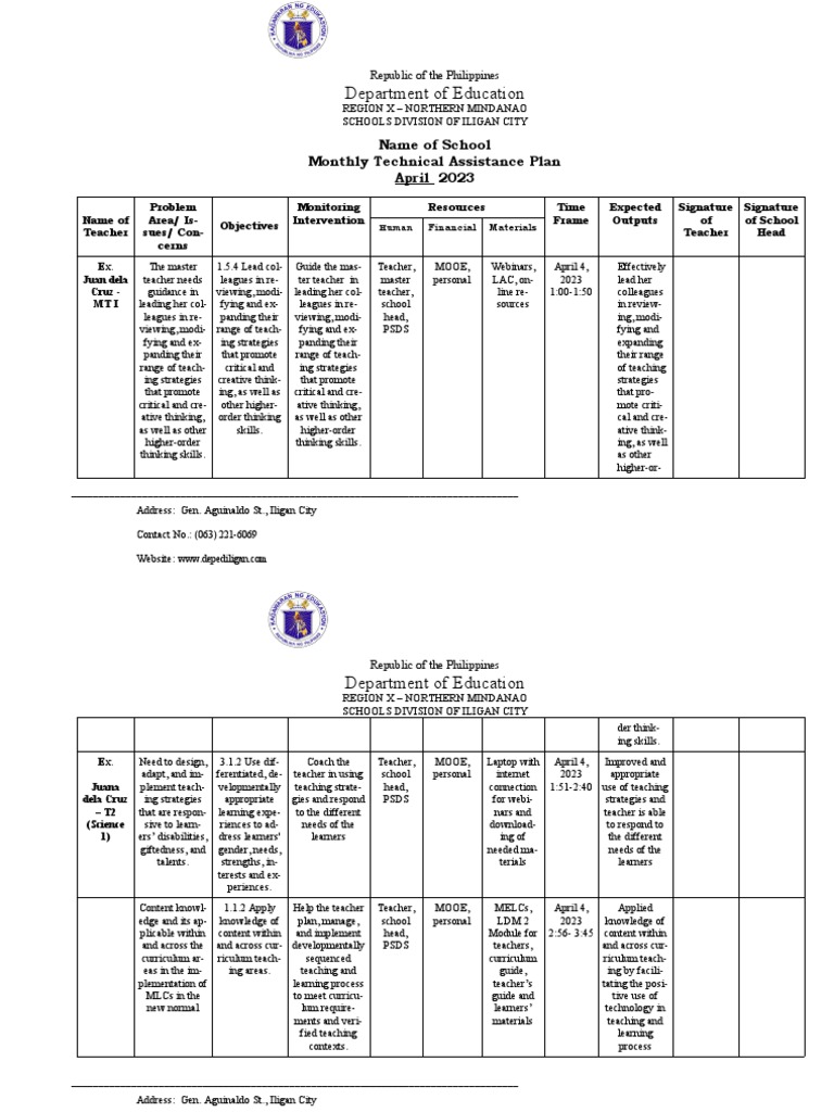 Sample Monthly Technical Assistance Plan For School Heads | PDF ...