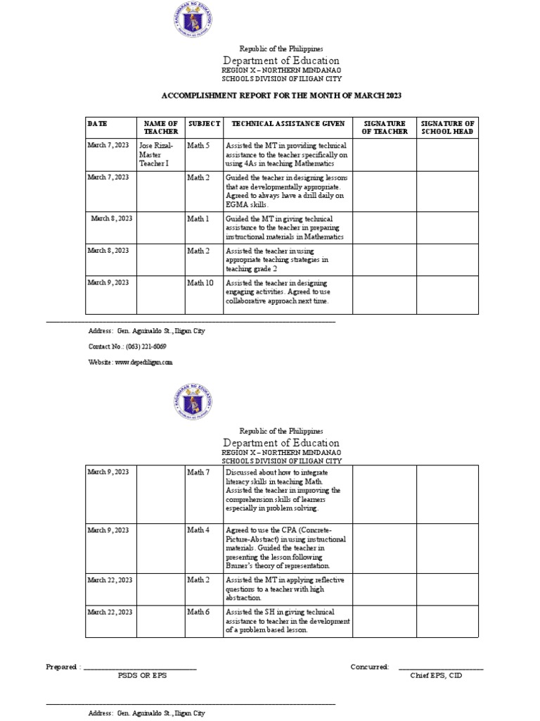 Sample Monthly Accomplishment Report | PDF | Teachers | Mathematics Sample Monthly Accomplishment Report | PDF | Teachers | Mathematics