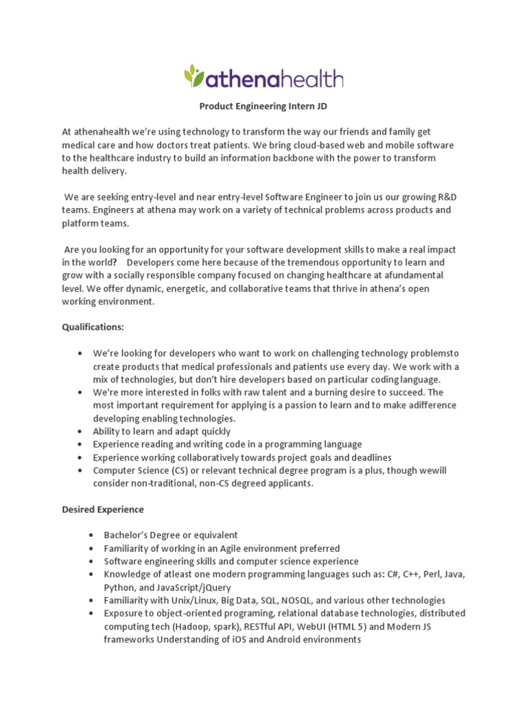 Product Engineering Intern JD | PDF | Computer Programming | Software ...
