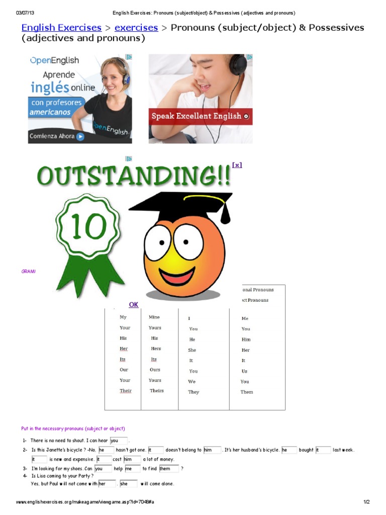 English Exercises - Pronouns (Subject - Object) & Possessives ...