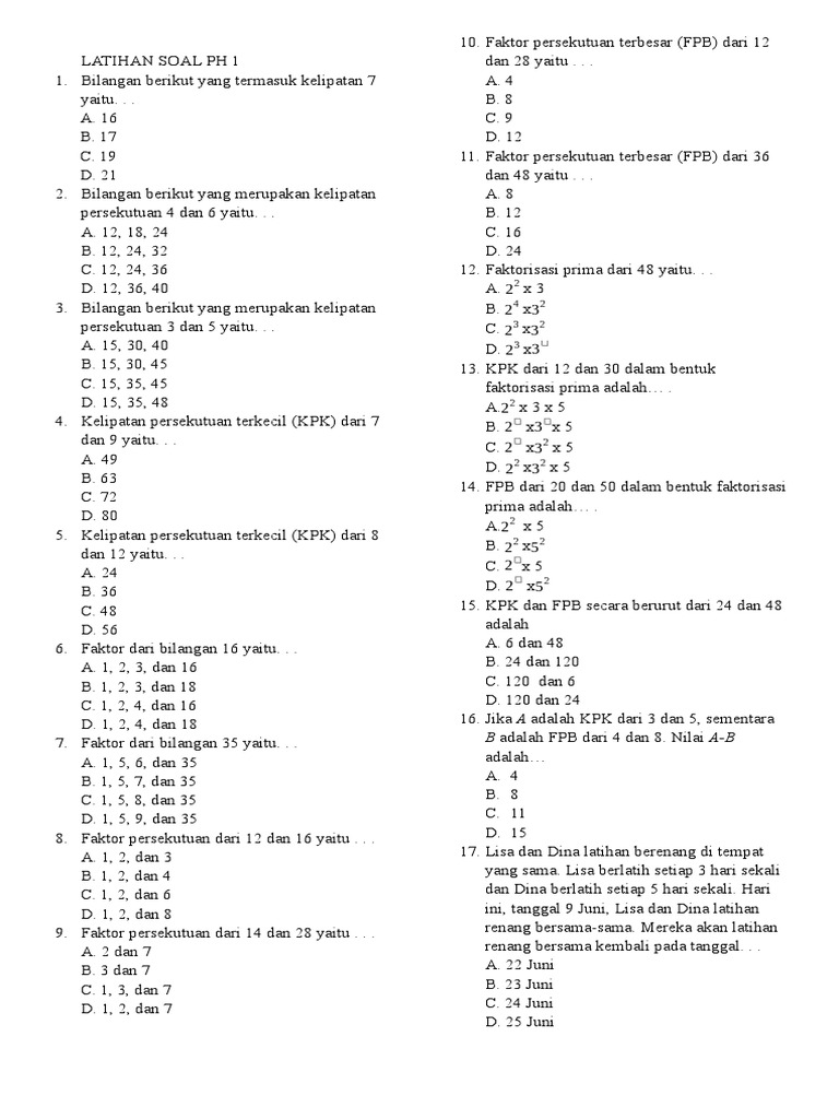 Latihan Soal KPK FPB Kelas 5 | PDF