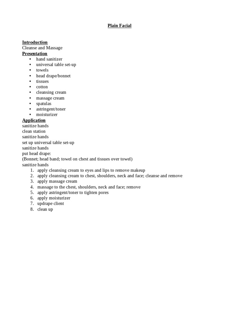 Plain Facial Procedure Sheet PDF | PDF