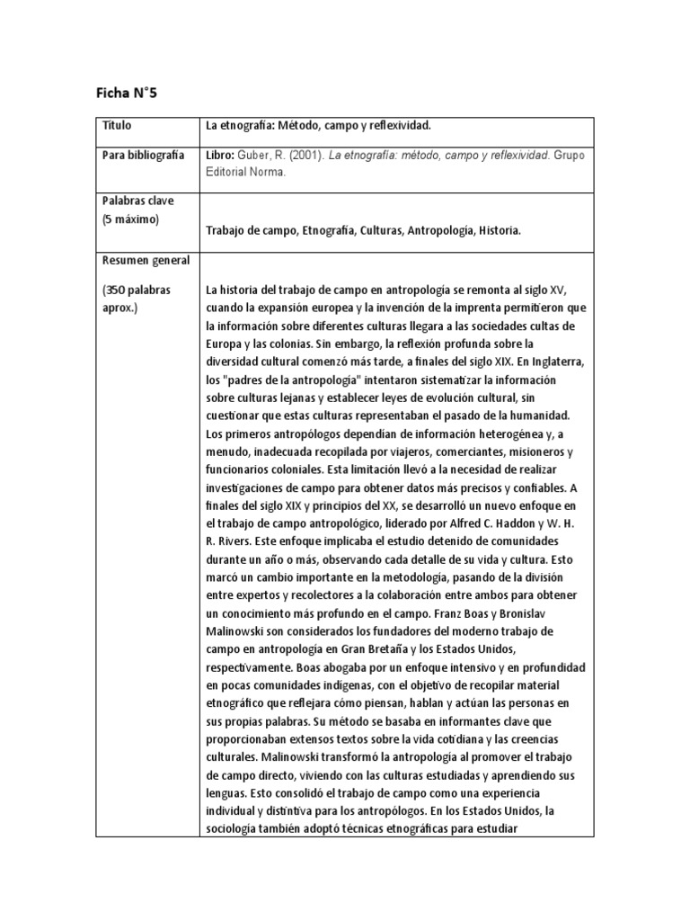 Ficha Lecturas A. General II Lectura 5, La Etnografía Métodod, Campo y Reflexividad - Rosana ...