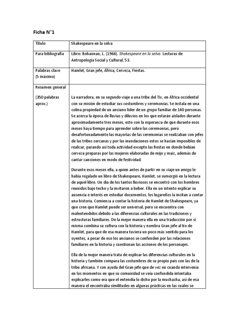 Ficha Lecturas A. General II Lectura 1, Hamlet en La Selva, Ailin Jara | PDF | Aldea