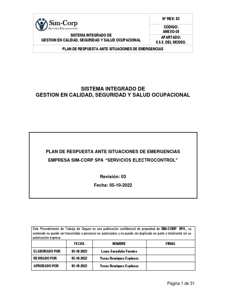 Sim-Corp-026 Plan de Respuesta Ante Situaciones de Emergencias 2022C910 | PDF | Seguridad y ...