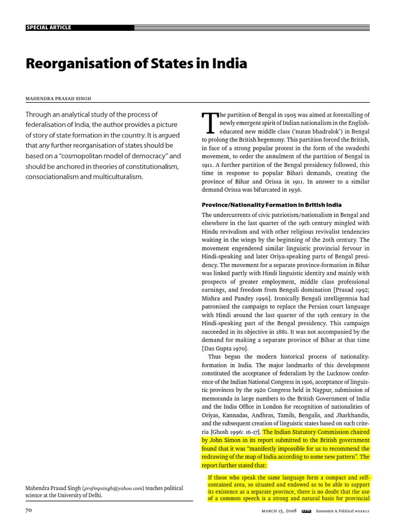 Reorganisation of States in India | PDF | British Raj | Urdu