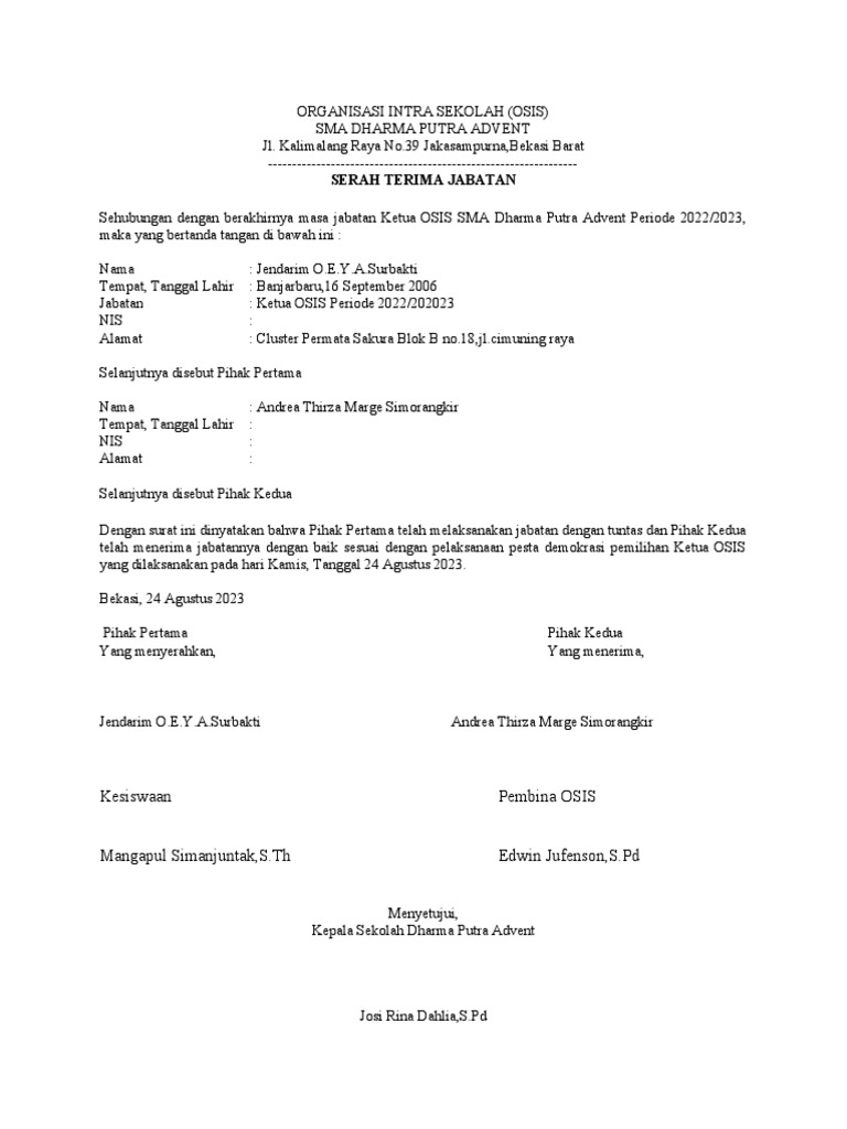 Surat Serah Terima Jabatan Osis | PDF