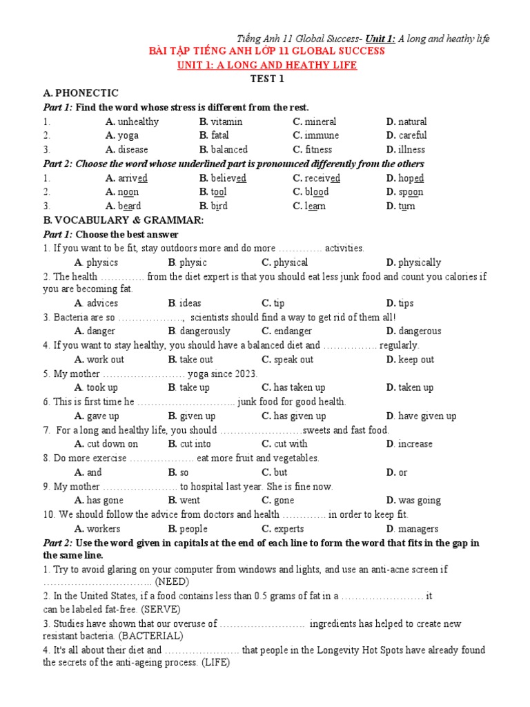 Tieng Anh 11 Bai Tap Bo Tro Unit 1 Test 1 Test 2 Sach Global Success ...