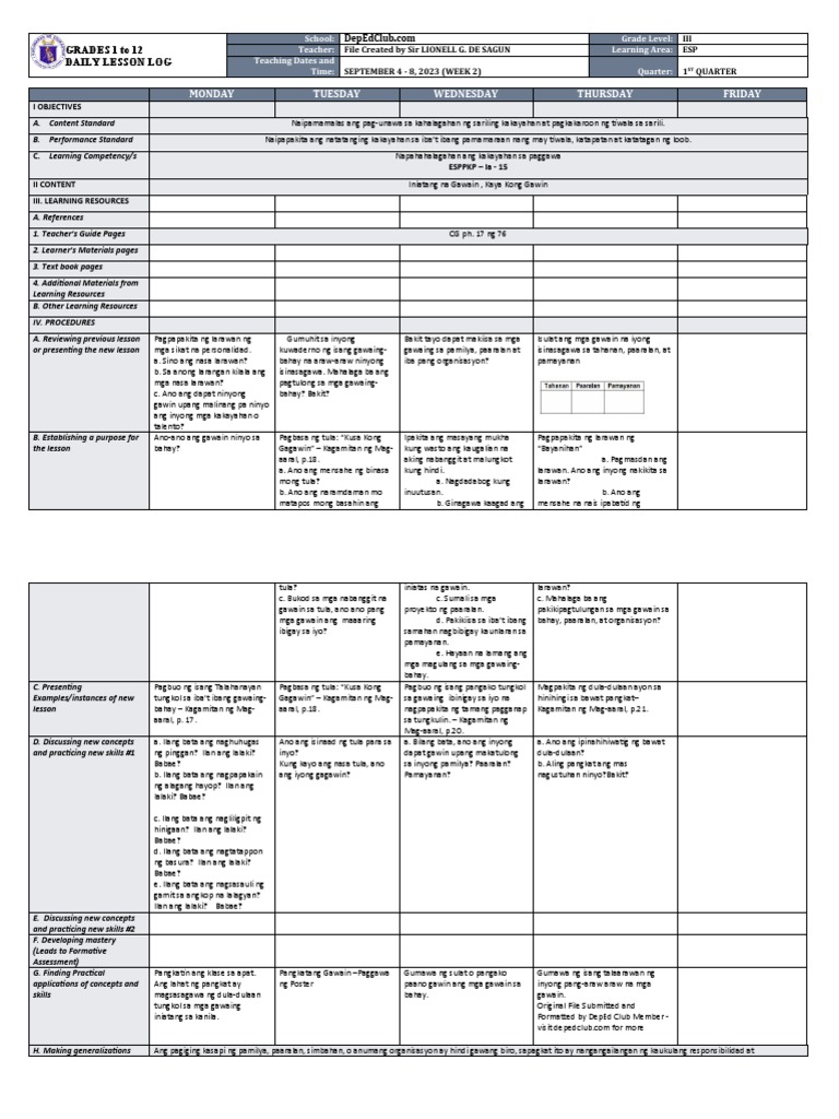 DLL - Esp 3 - Q1 - W2 | PDF