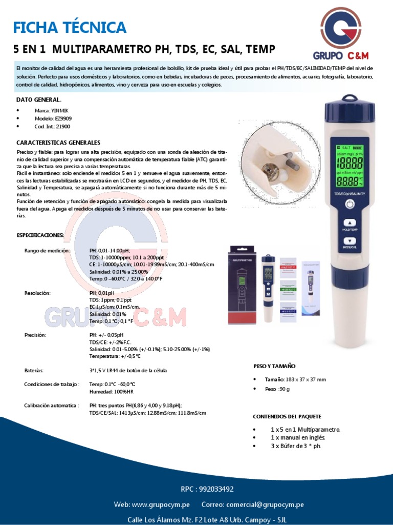 Multiparametro para Liquidos PH (Phmetro), TDS, Ec, Salinidad, Temp + 3buff (Ez 9909) | PDF ...