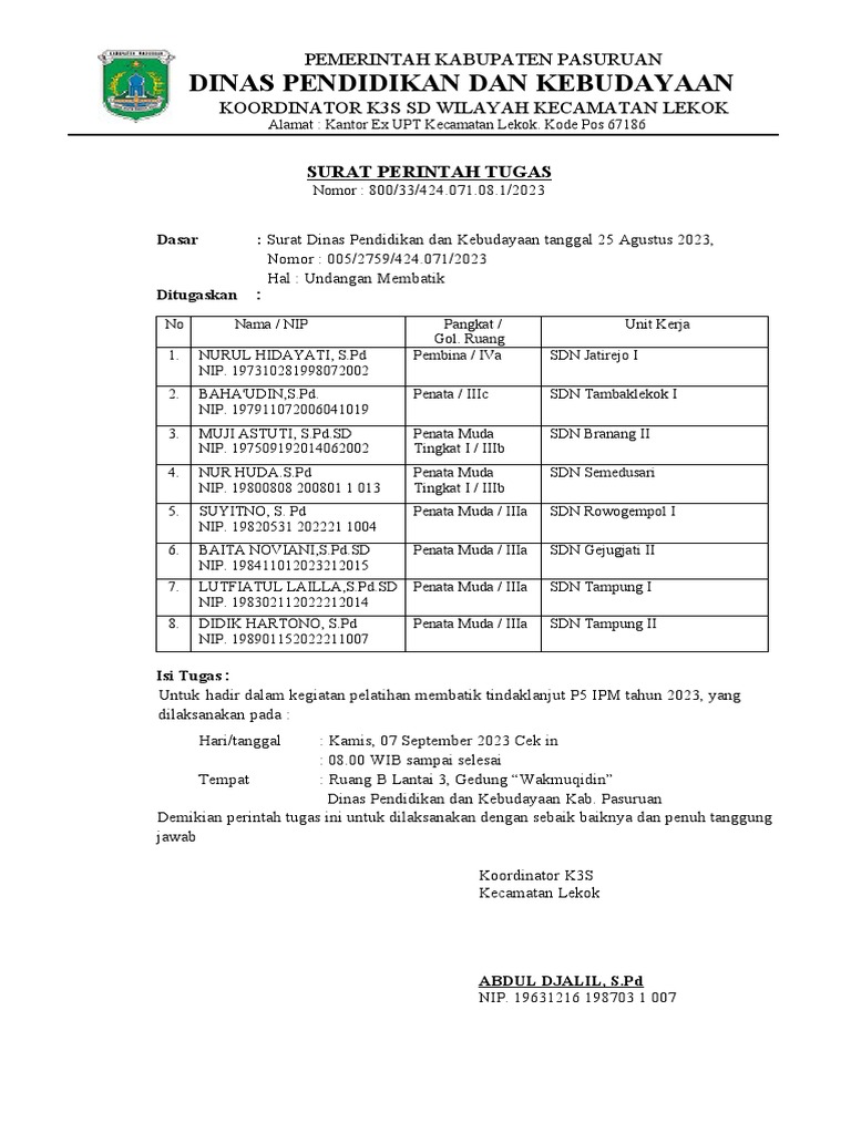 Surat Tugas Pelatihan Membatik | PDF