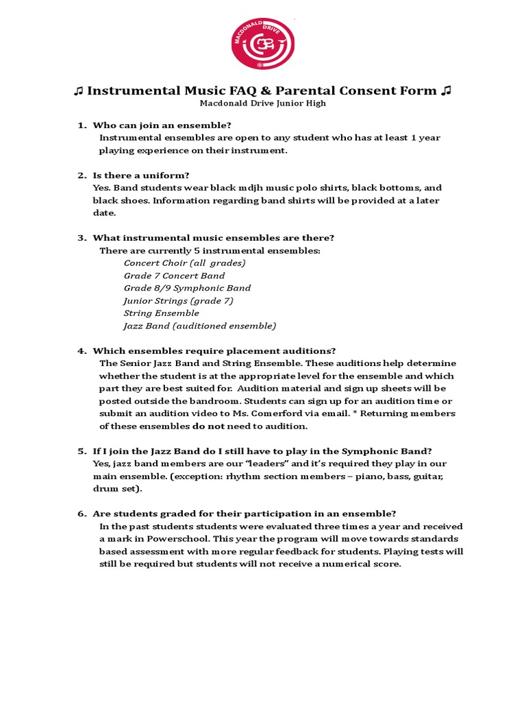 Instrumental Music FAQ & Parental Consent Form | Download Free PDF ...