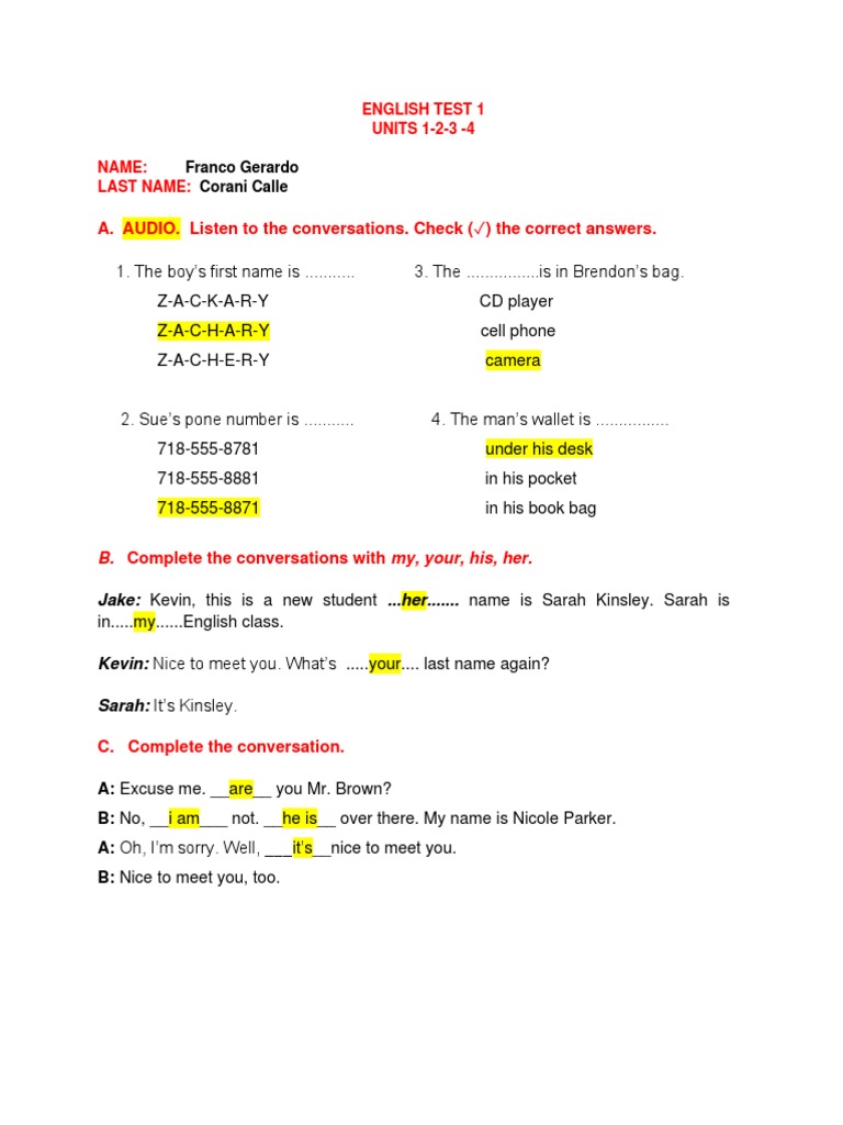 ENGLISH TEST 1 - UNITS 1, 2, 3 & 4 Word. Mio | PDF | Softlines (Retail ...