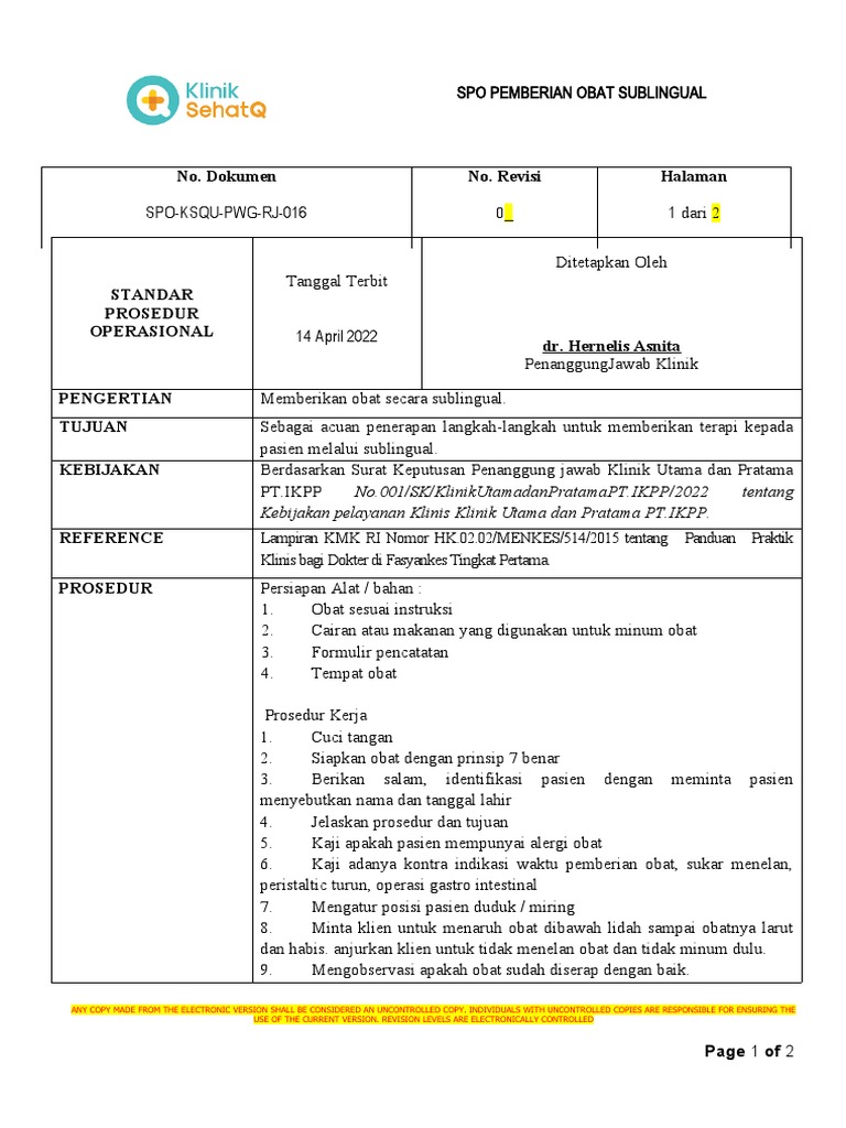 Prosedur Obat Sublingual Terbaru | PDF