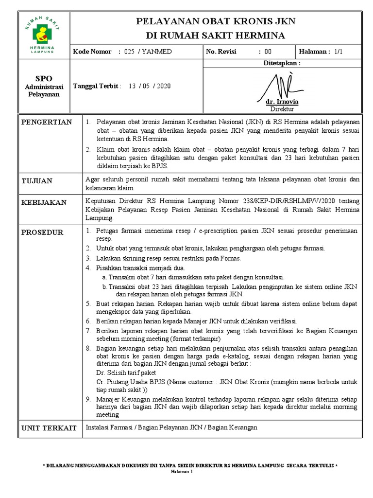Pelayanan Obat Kronis Jkn Di Rs Hermina Rev 00 20 Pdf