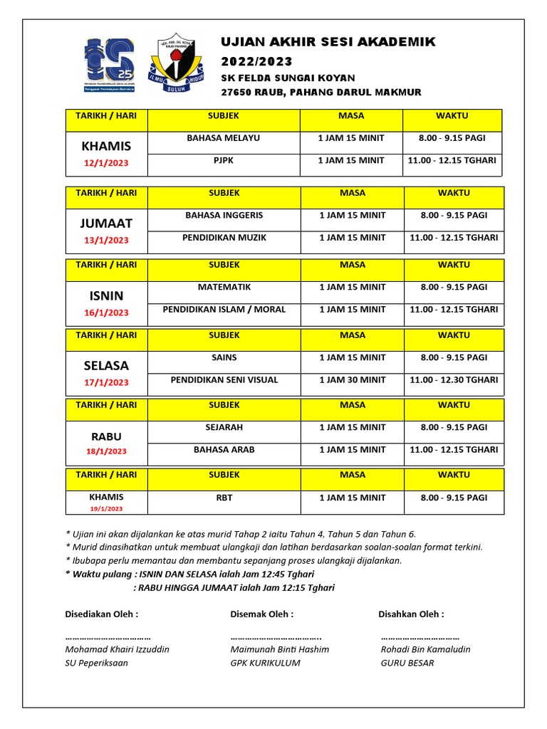 Jadual Ujian Prtengahan Tahun 2023 | PDF