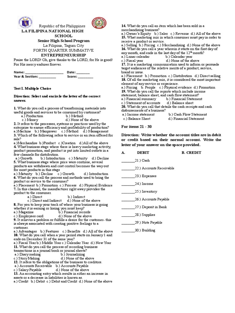 Entrep - Summative Test | PDF | Debits And Credits | Money