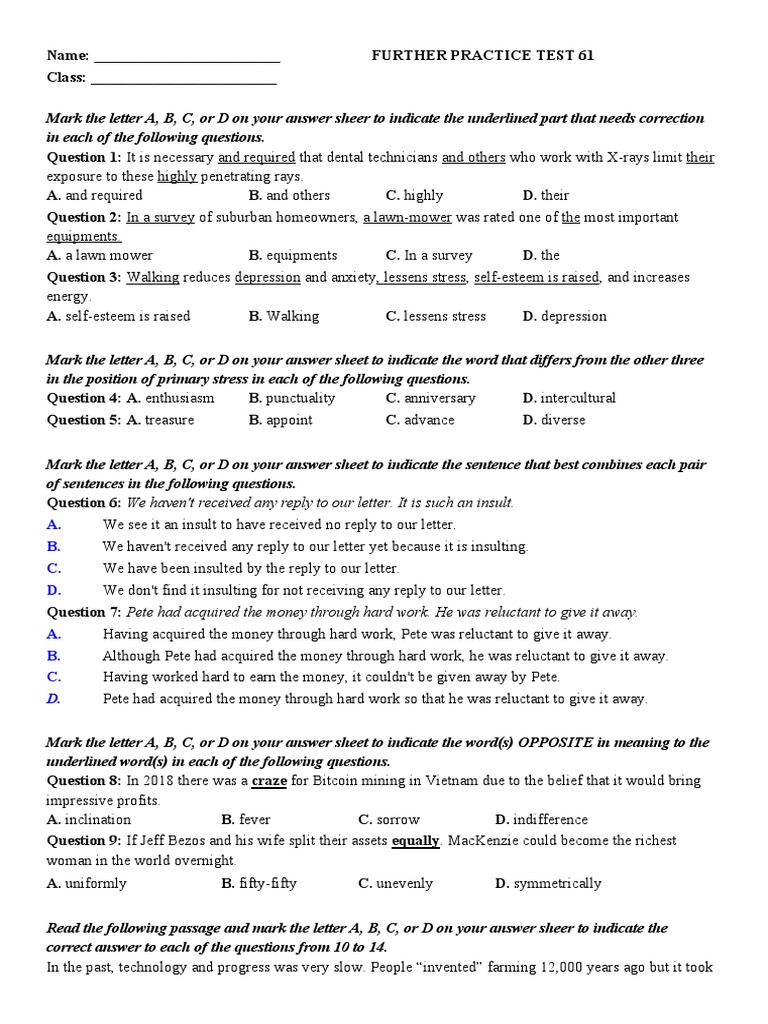 Further Practice Test 61 Key | PDF | Advertising