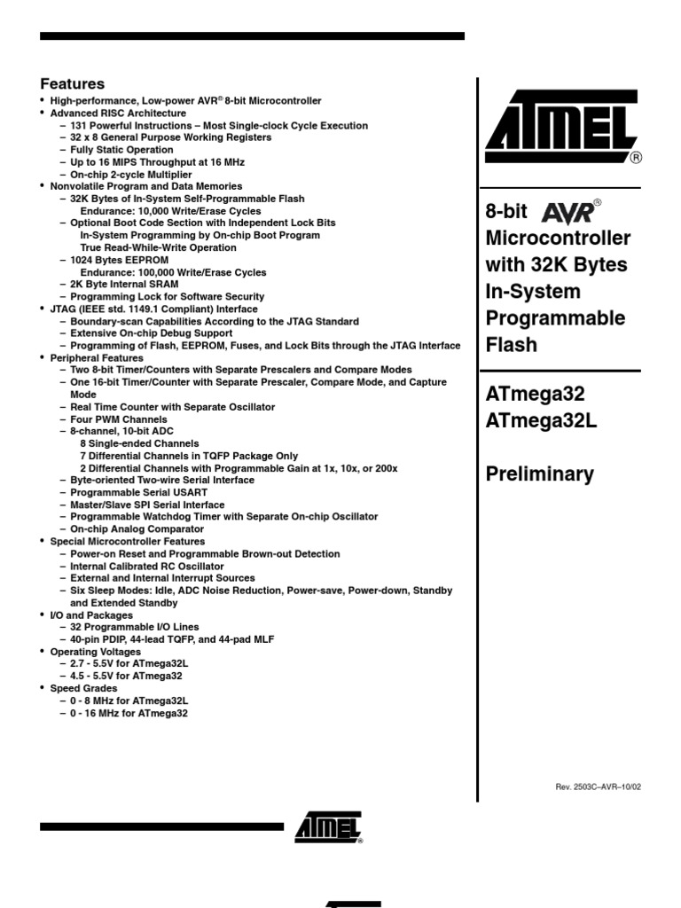 Atmega32 Data Sheet Pdf Instruction Set Microcontroller