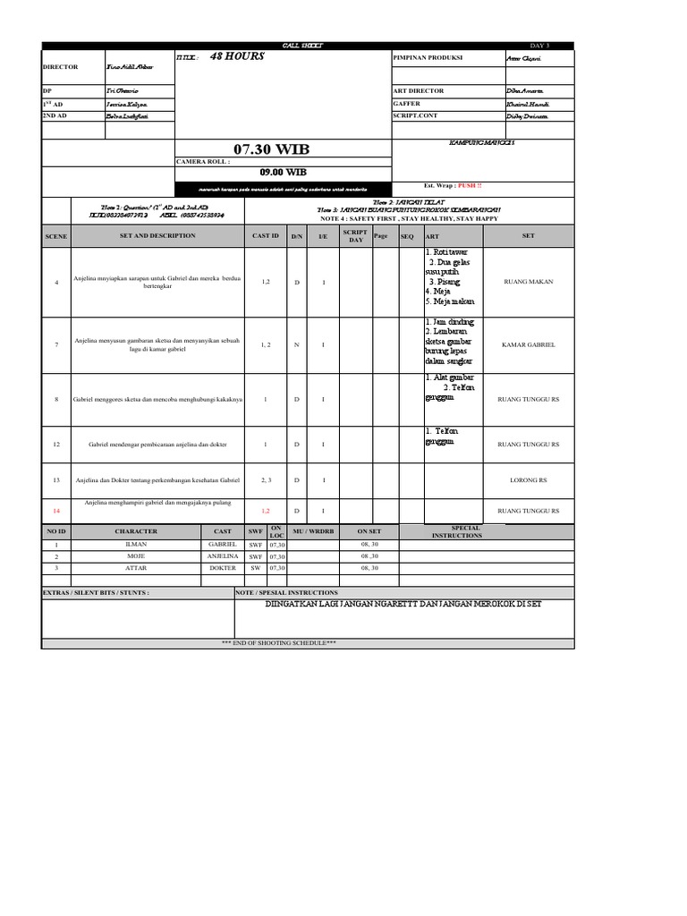 Contoh Callsheet Syuting | PDF