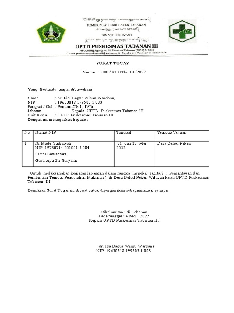 Surat Tugas Kegiatan Puskesmas Tabanan | PDF