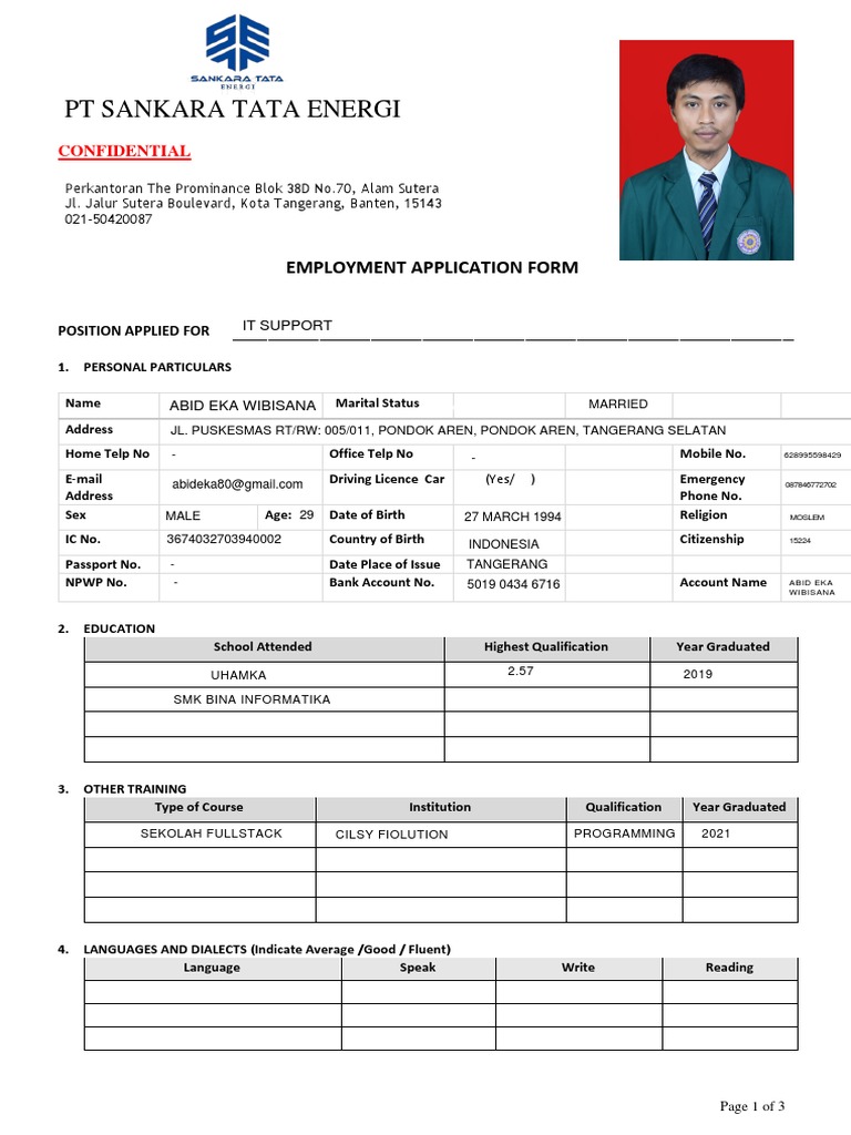 Employment Application Form - Sankara Tata Energi (2) | PDF | Social ...
