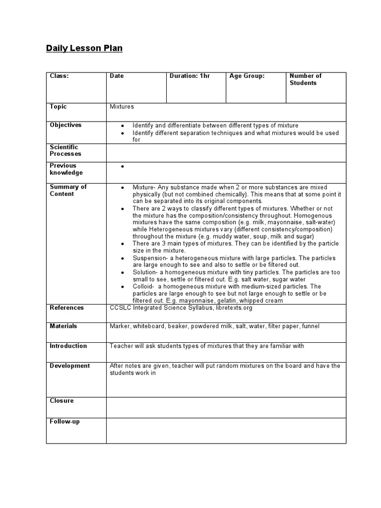Mixtures Lesson Plan | PDF