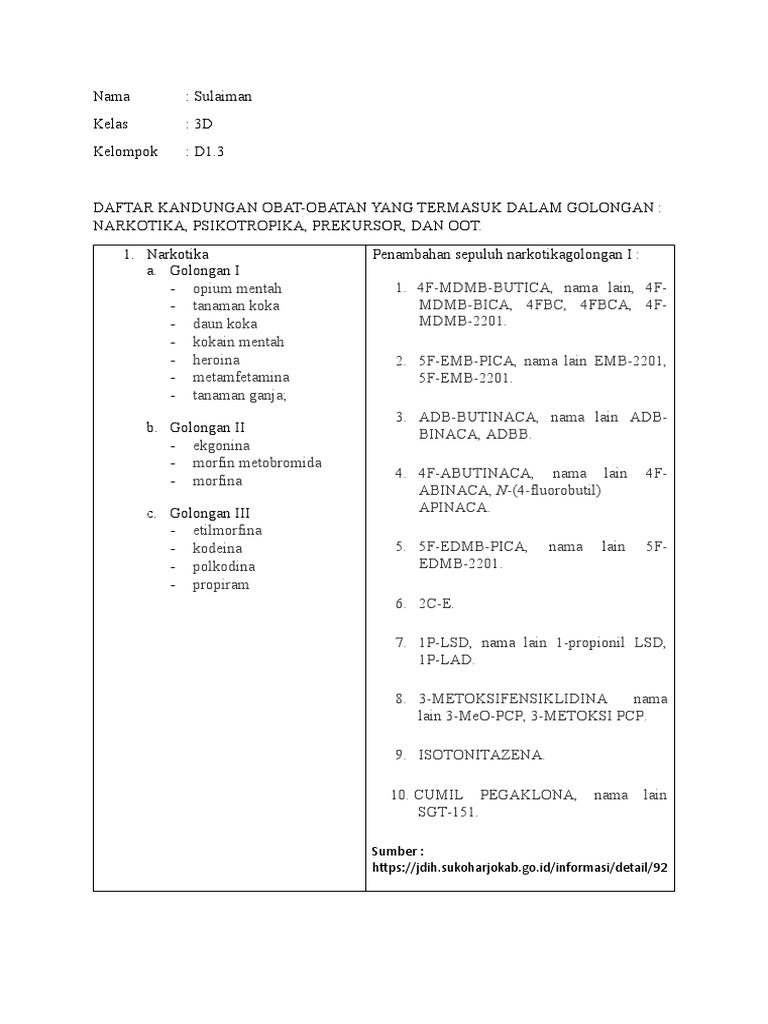 Daftar Golongan Obat Yang Mengandung Narkotika, Psikotropika, Prekursor ...