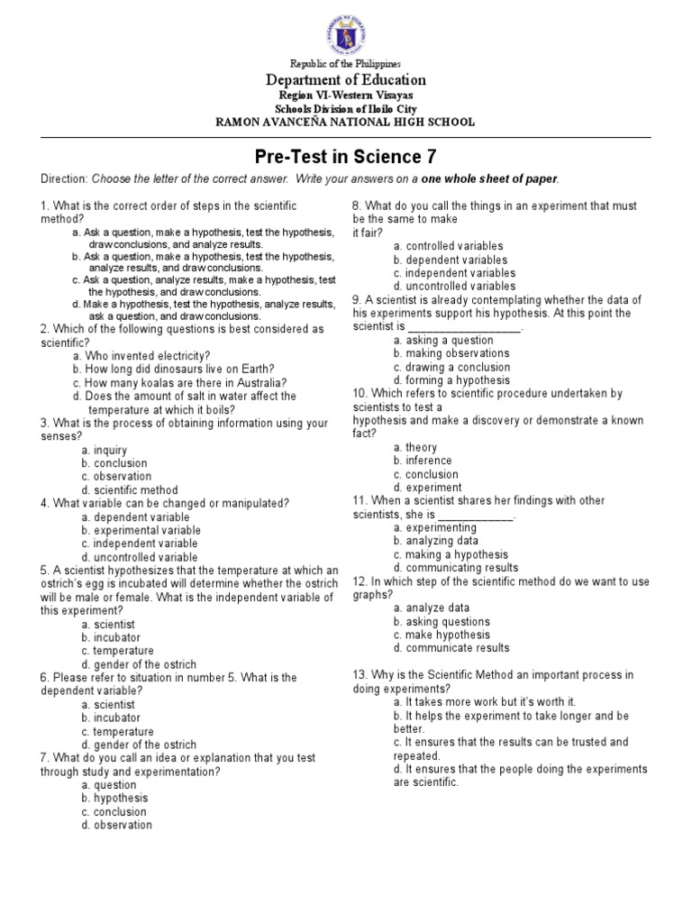 Pre Test Sci 7 1Q | PDF | Chemical Compounds | Experiment