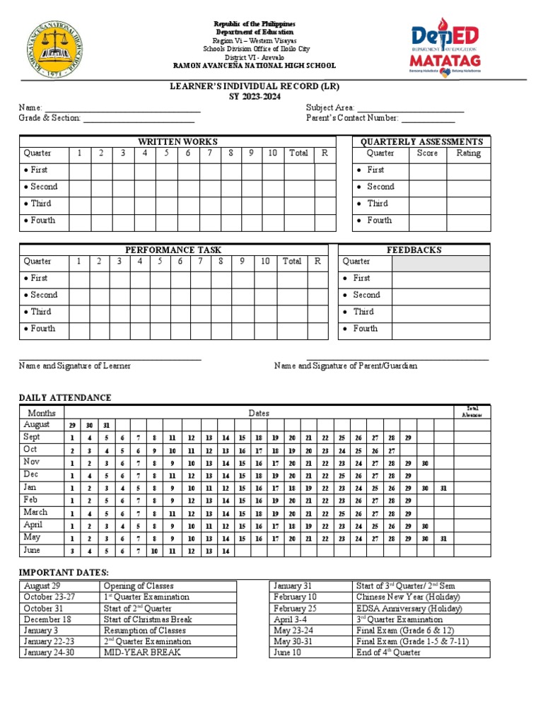 Learner's Individual Record SY 2023-2024 | PDF