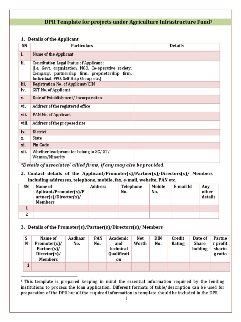 DPR Template For Projects Under Agriculture Infrastructure Fund | PDF ...