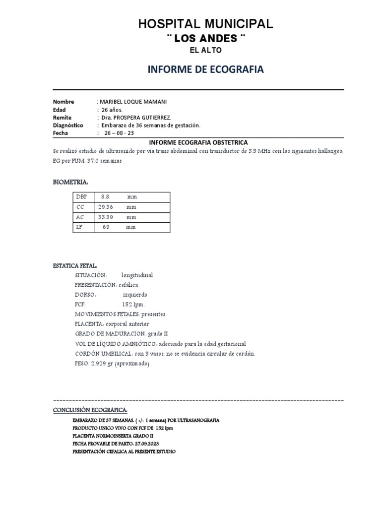 Informe Ecográfico Obstétrico 37 Semanas | PDF