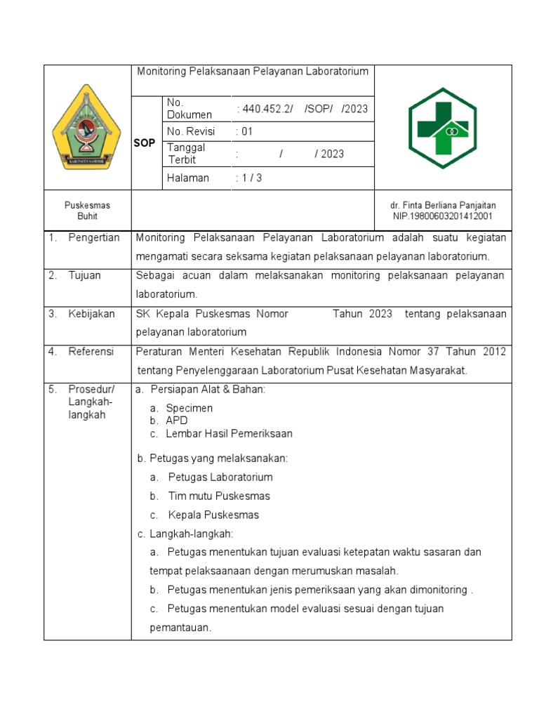 SOP Monitoring Pelaksanaan Pelayanan Lab | PDF | Teknologi & Rekayasa