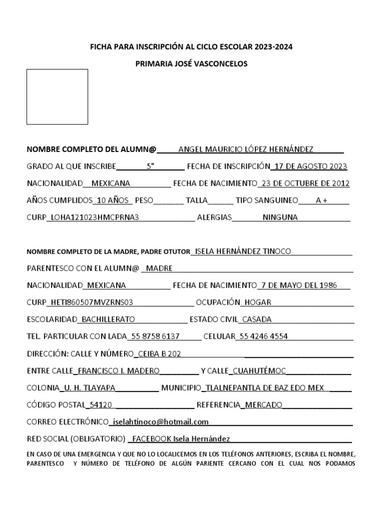 Ficha de Inscripción Al Ciclo Escolar 2023-2024 | PDF