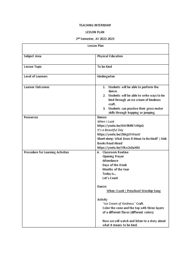 Lesson Plan - PE Be Kind | PDF | Lesson Plan | Cognition