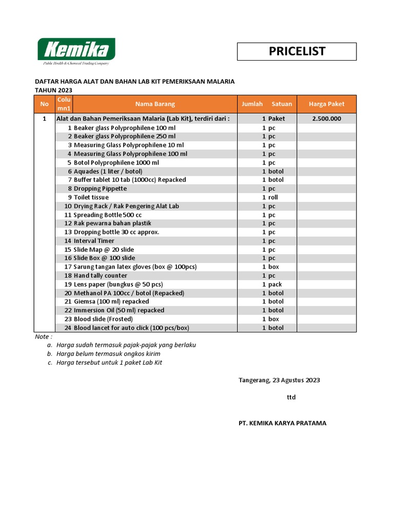 Daftar Harga Lab Kit Malaria 2023 | PDF