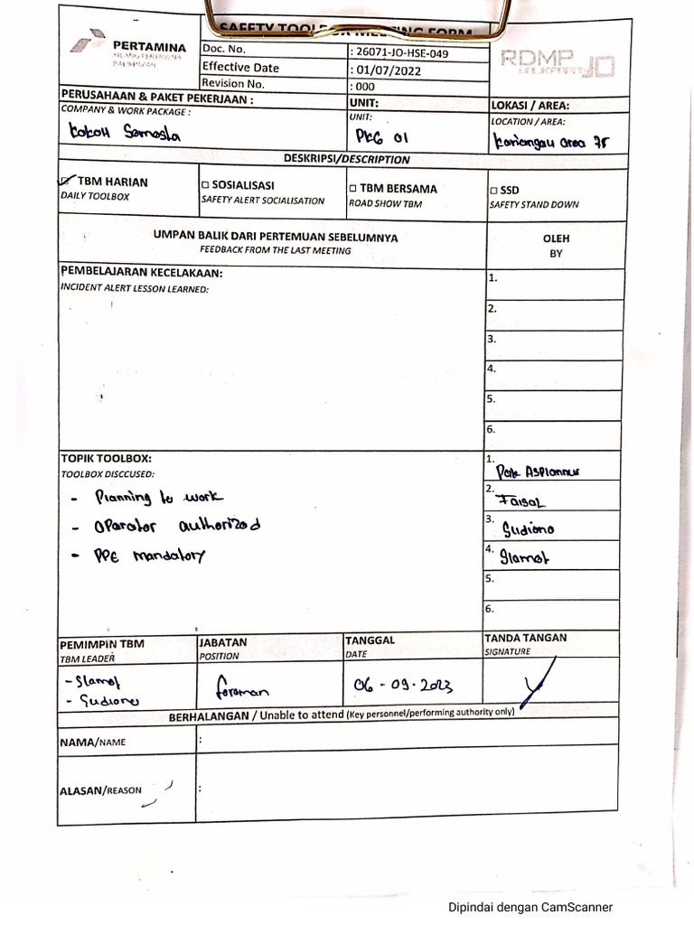 TBM Attendance List On 06 September 2023 - PT Kokoh Semesta | PDF