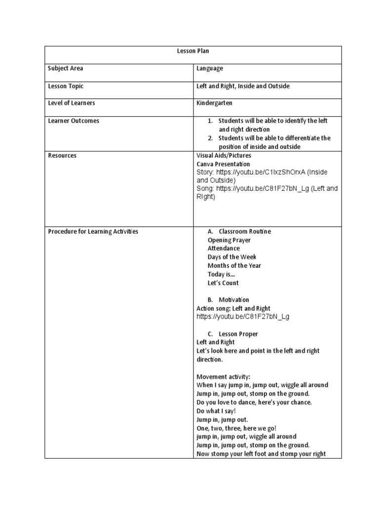 Lesson Plan - Left and Right, Inside and Outside | Download Free PDF | Lesson Plan | Pedagogy
