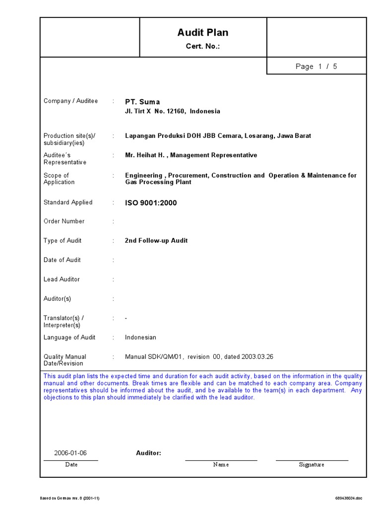 Audit Plan Sample | PDF | Audit | Internal Audit