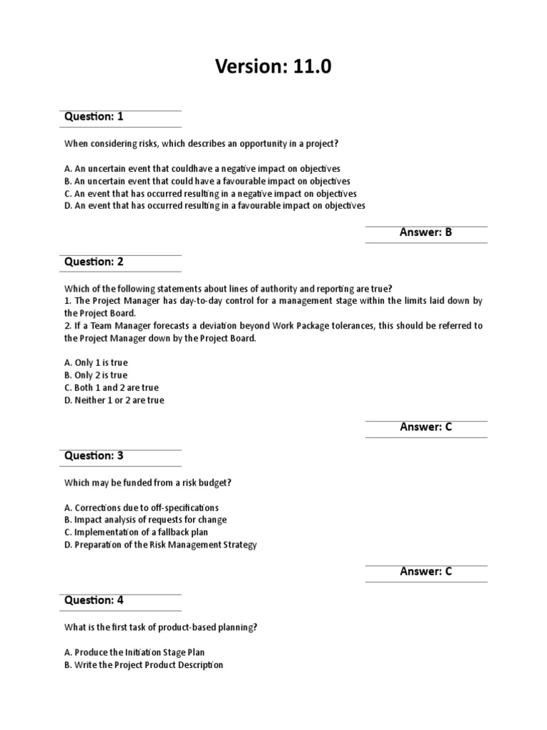 PRINCE2 Foundation Questions | PDF | Risk | Risk Management